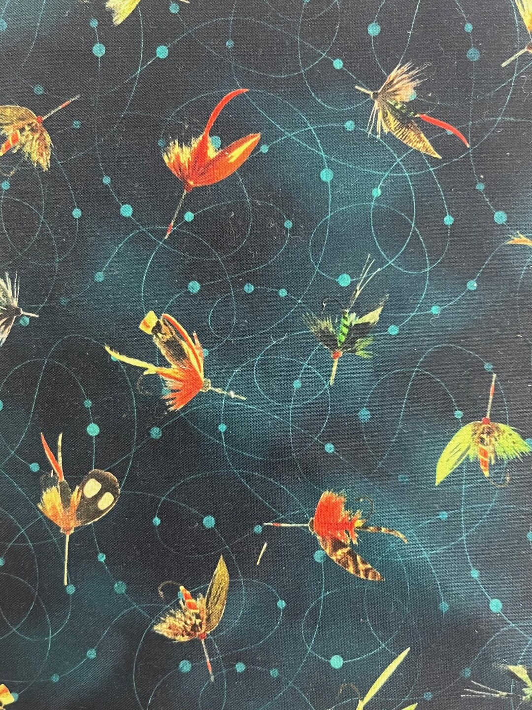 45" Wide Hoffman "fly Home" Fishing Flies on Navy Cotton Fabric, Sold ...