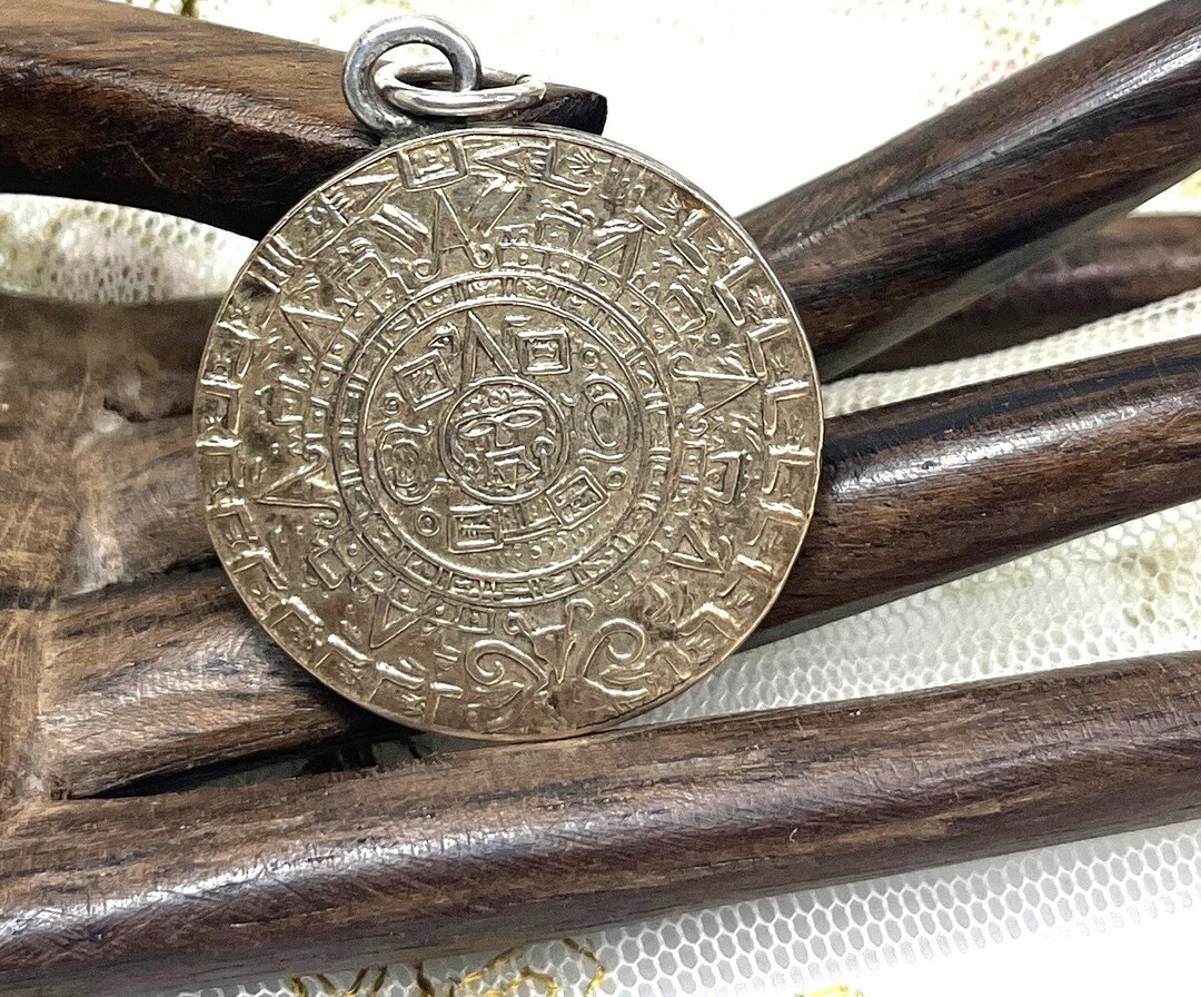 Vintage Sterling & 10K Aztec Calendar Pendant, Sun Calendar Mexico ...