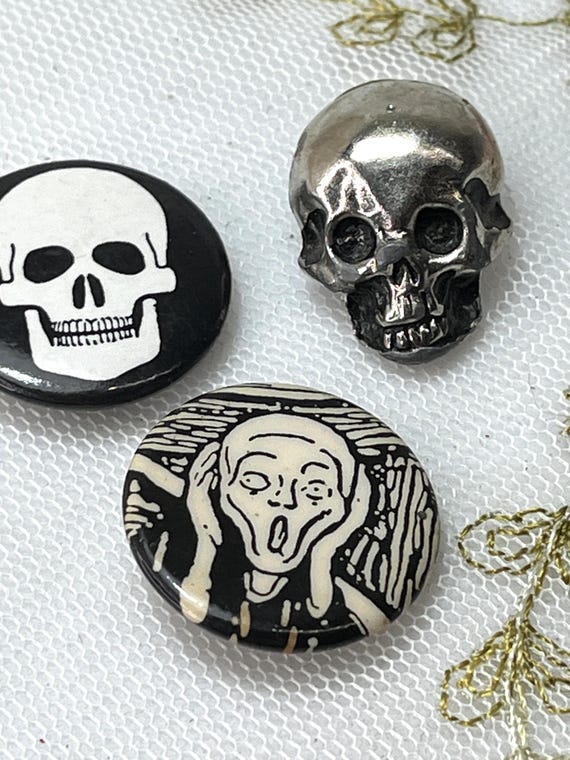 Vintage "The Scream" Button and 2 Skull Pins, Collect… - Gem