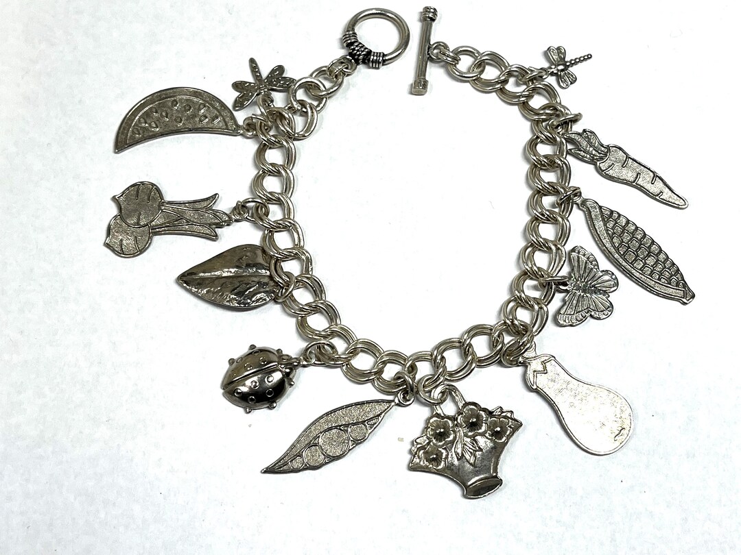 Vintage Gardener's Charm Bracelet, Vegetables Silver Tone Charm ...
