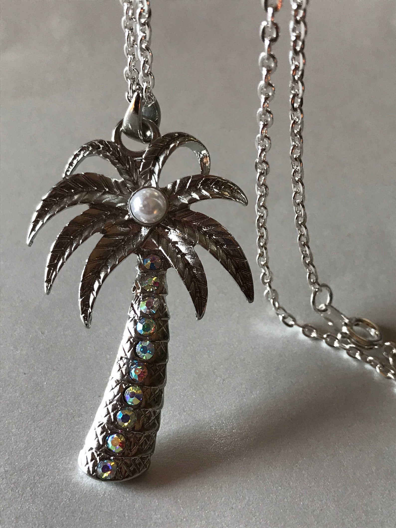 Silver Palm Tree Necklace Silver Pearl Rhinestone Palm Tree - Etsy UK