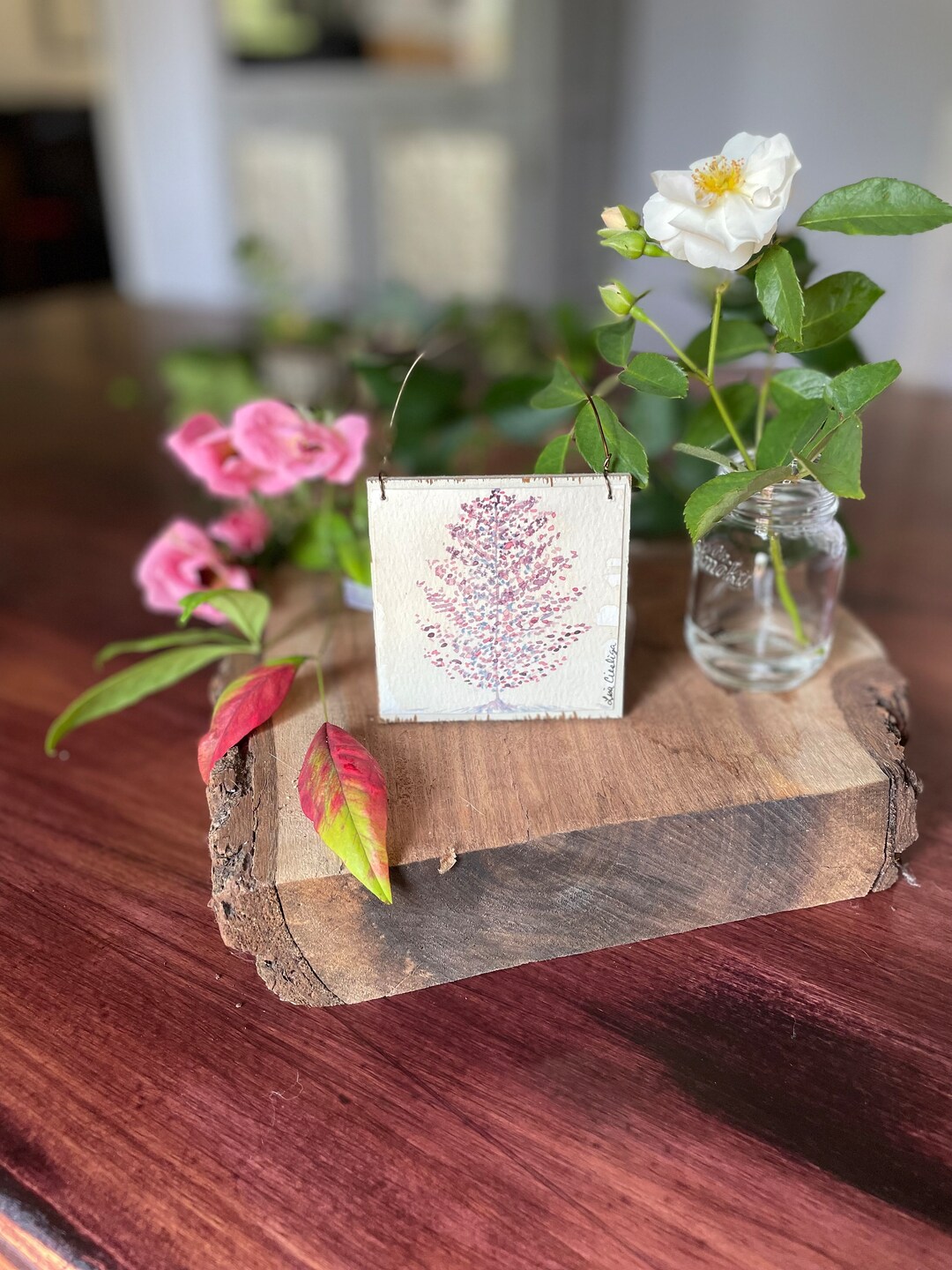 Mini Multi-colored Tree Original Hand Painted Watercolor on 3"x3" Ivory ...