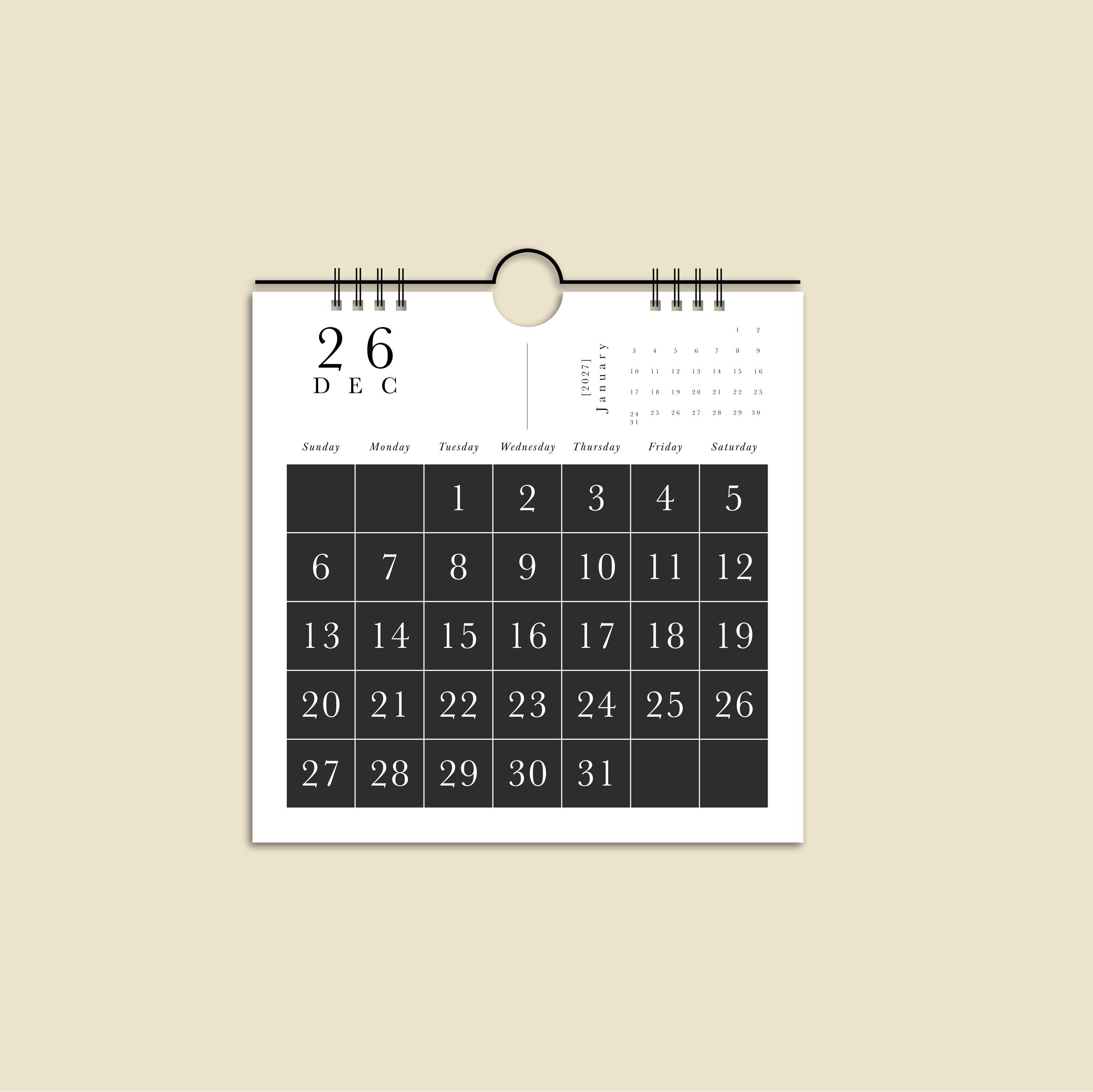 6in X 6in Black and White Square Mini Calendar / Minimal Modern Wall ...