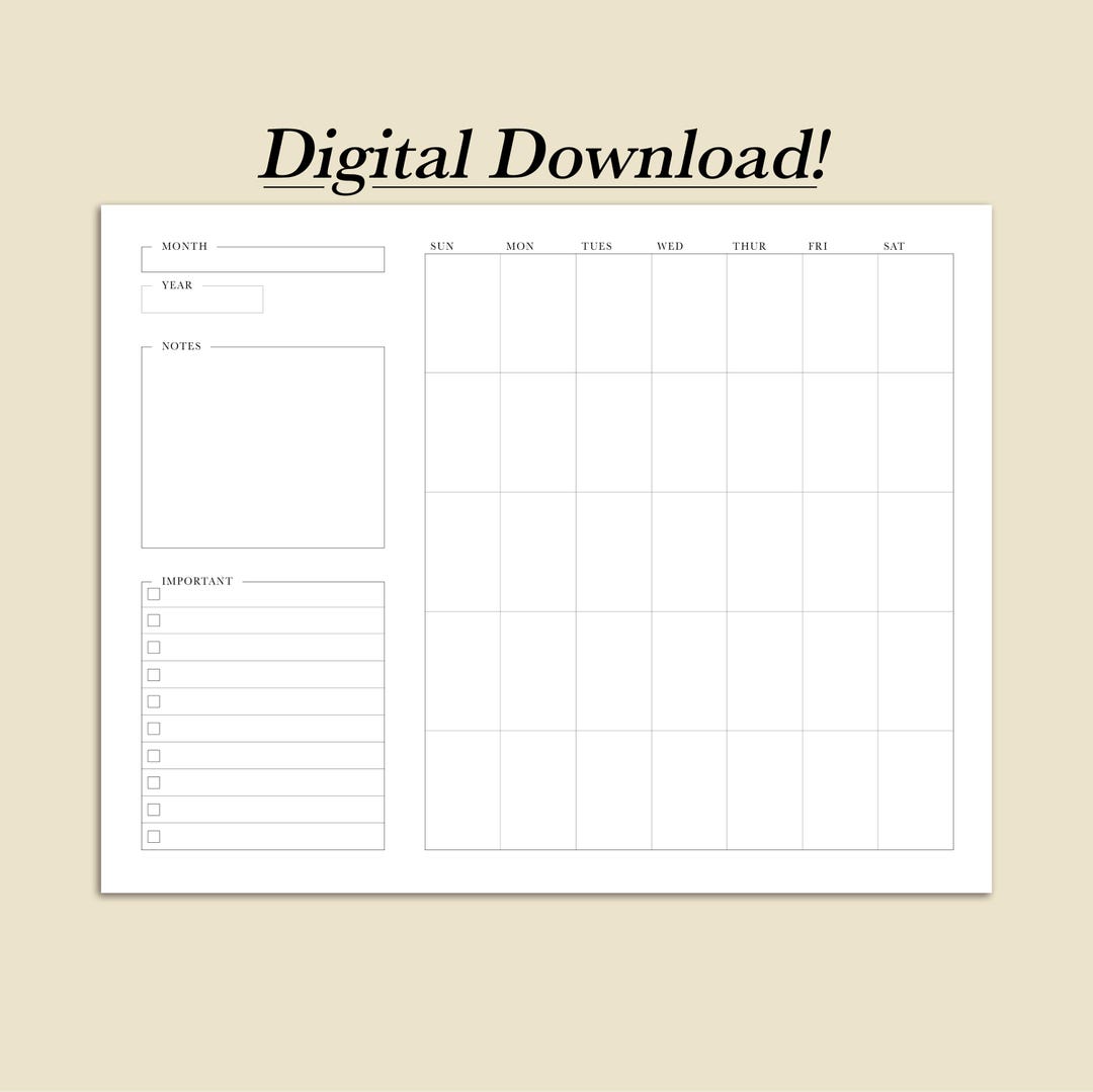 Digital - 8.5in X 11in Blank DIY Modular Calendar / Simple Fill It Out ...