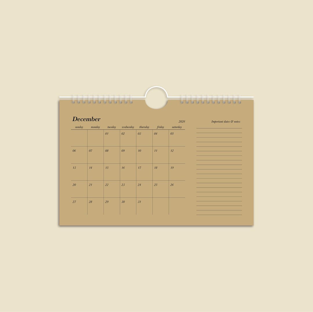 8.5in X 5.5in Natural Kraft Calendar / Small Wall Hanging 2026 Calendar ...