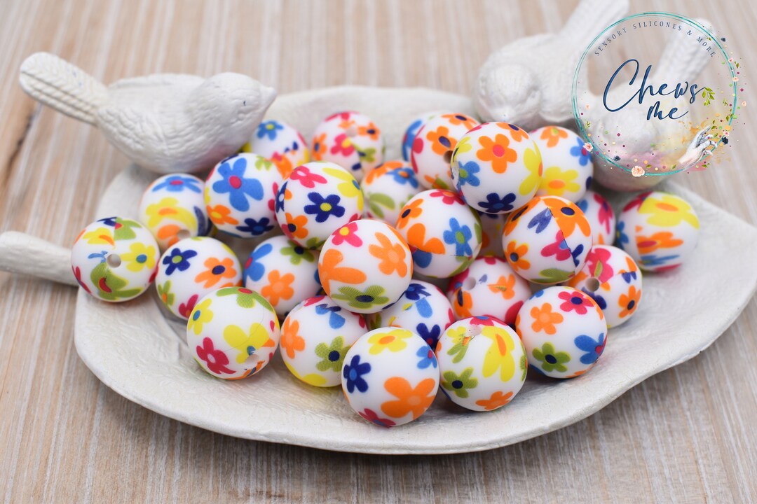 15mm Hippie Flowers Round Silicone Bead | Blue | Yellow | Hot Pink ...