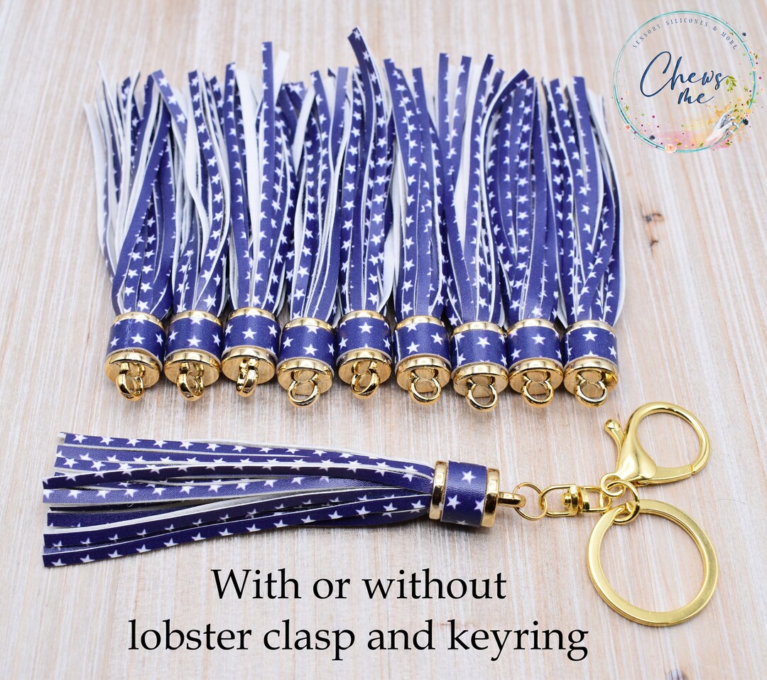 Navy Blue White Star Leather Tassels Gold Lobster Clasp and Keyring ...