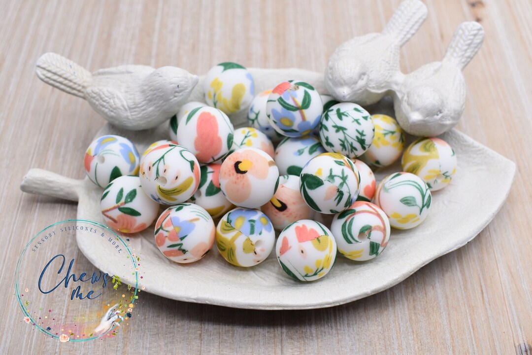 15mm Peachy Flowers Round Silicone Bead Soft Delicate Flower Periwinkle ...