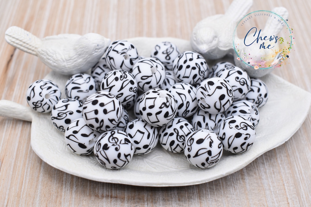 15mm Music Notes Round Silicone Bead | Treble Bass Clef | Black White ...