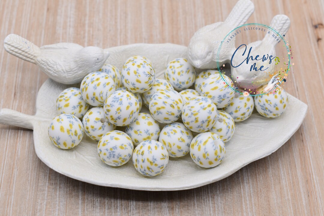 15mm Prairie Flowers Round Silicone Bead Soft Delicate Flower Mustard ...