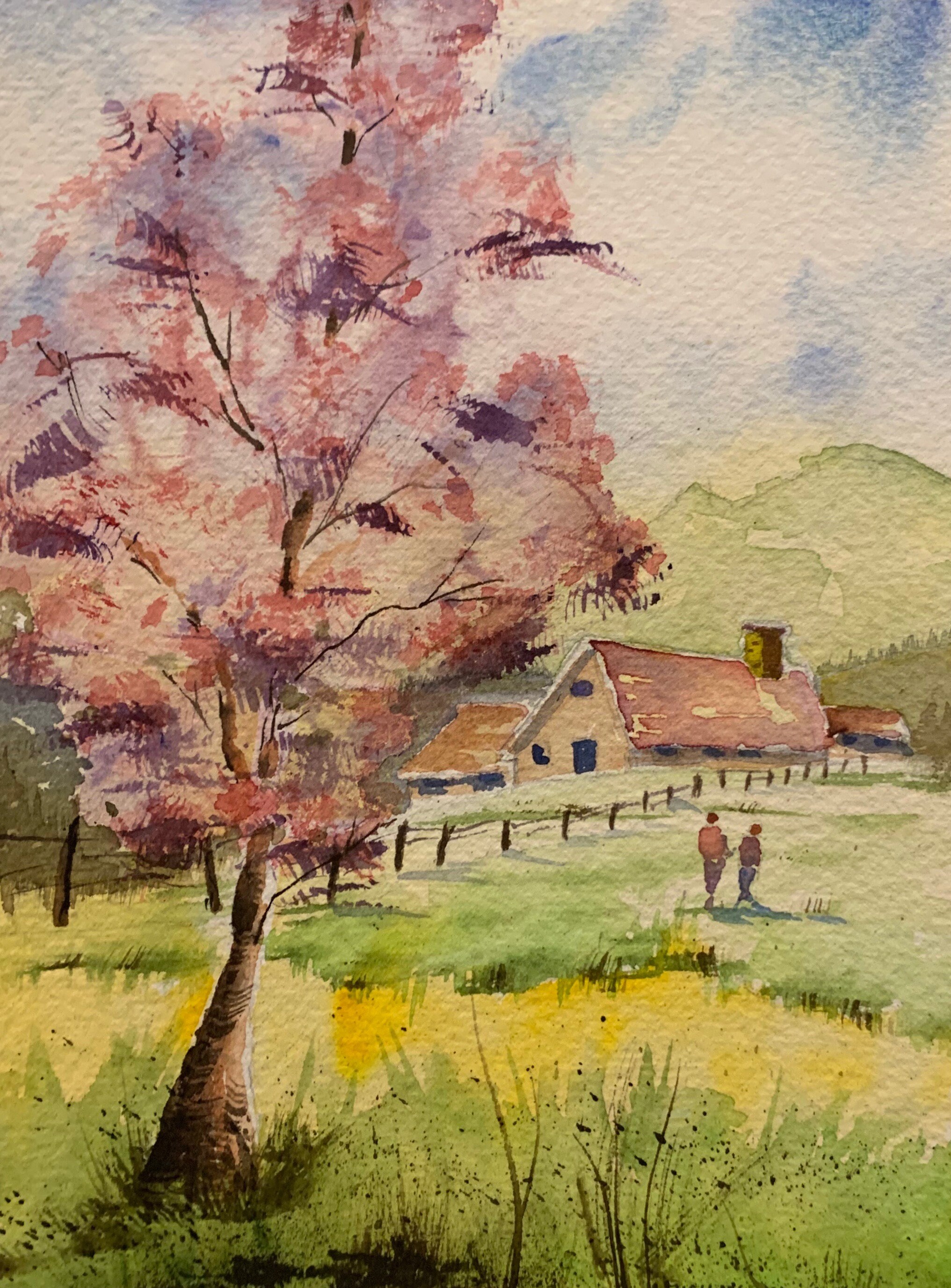 Farm Scene With Pink Spring Tree original Watercolor | Etsy
