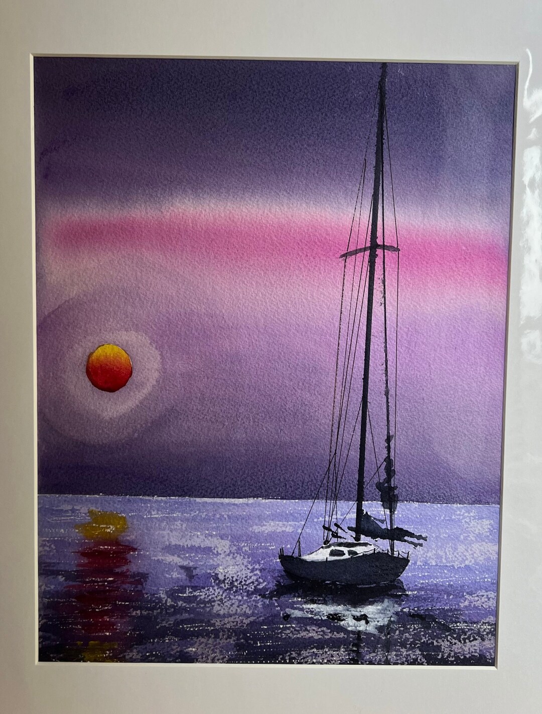 Purple Sky and Sailboat 41 original Watercolor Painting - Etsy