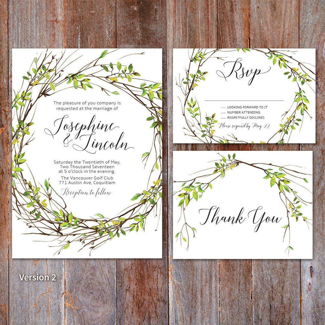Woodsy Wedding Invitation, Greenery Wedding Invite, Green Leaves ...