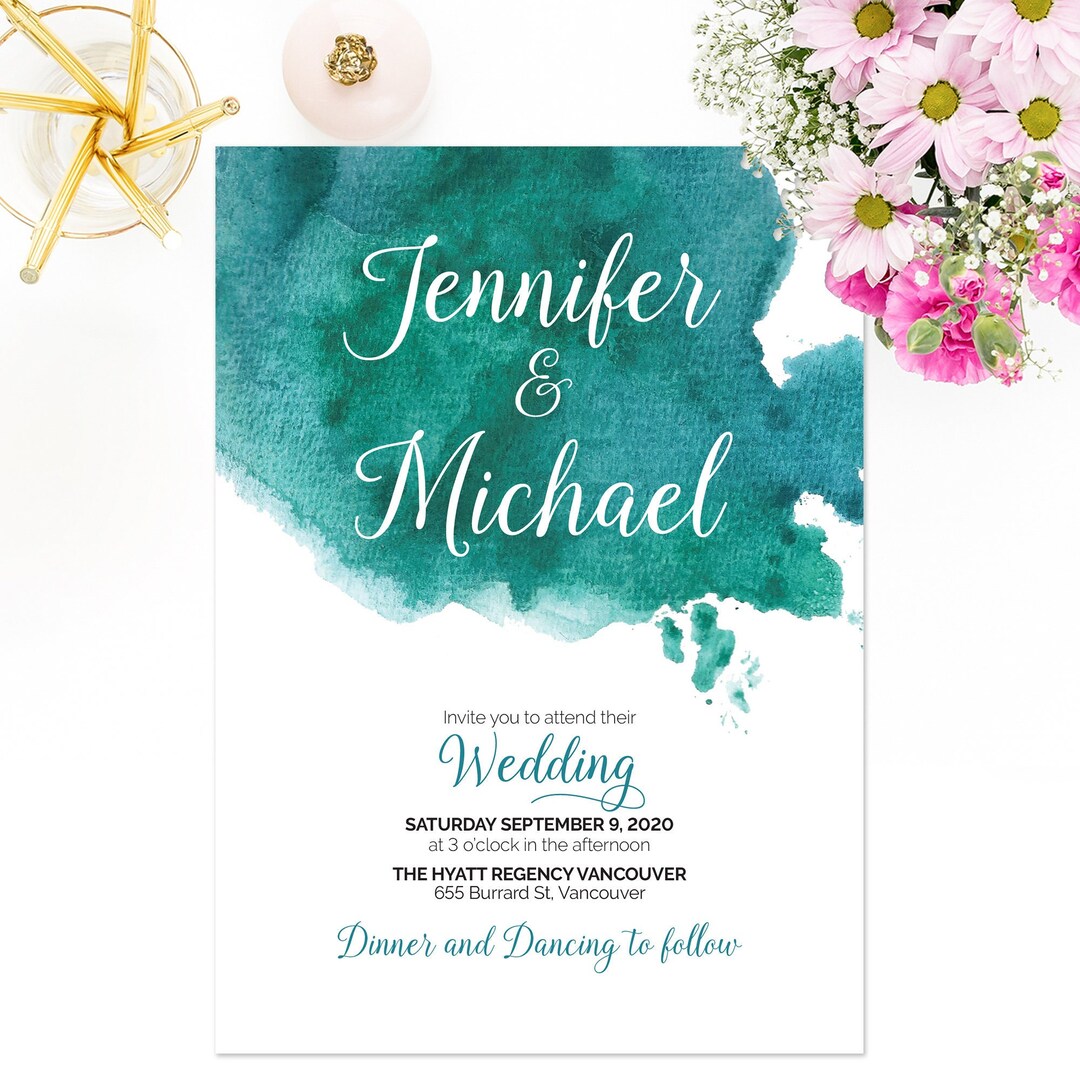 Green Watercolor Wedding Invitation, Watercolor Invite, Thank You Card ...