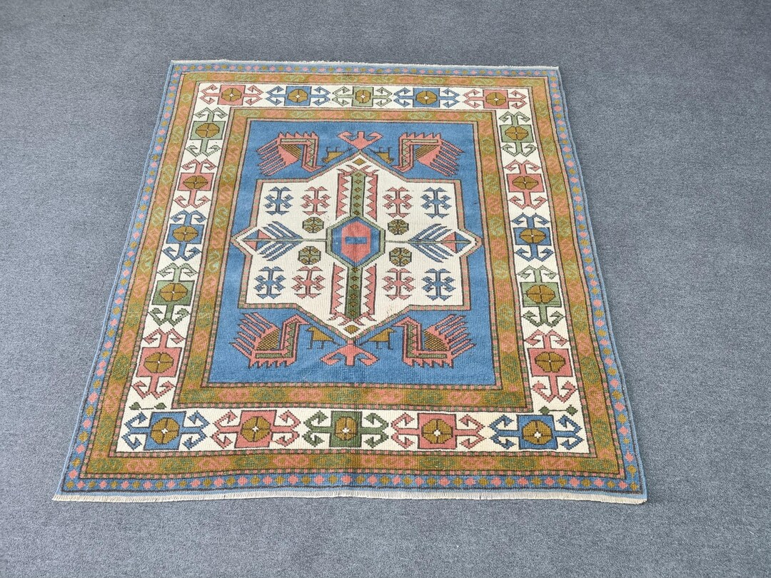 Antique 5x5 Area Rug(4.9x5.2 Ft)turkish Rug,low Pile Neutral Rug,5x5 ...