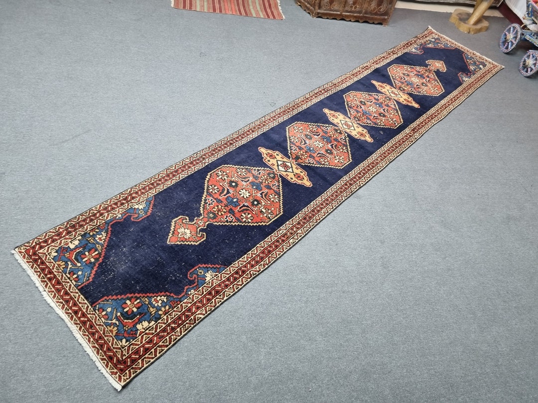 Antique 3x13 Blue Runner,2.8x13.3 Ft Low Pile Heriz Runner,3x13 Kurdish ...