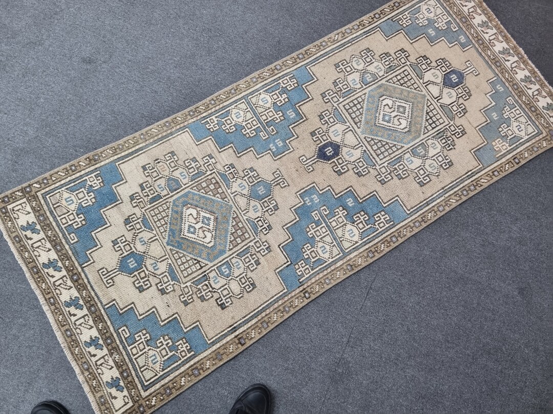 Antique 3x7 Blue Oushak Runner Rug,2.9x6.7 Ft Distressed Low Pile ...