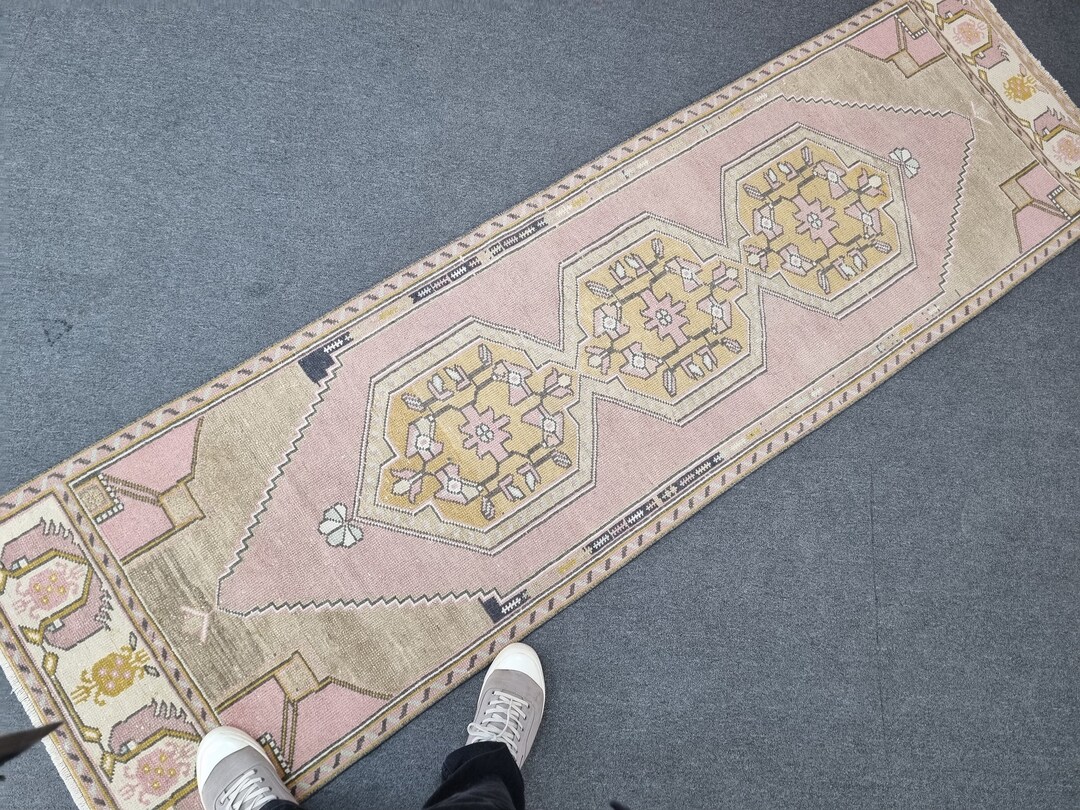 Antique 2.6x8.5 Ft Runner Rug,antique Wool Skinny Runner,green-pink ...