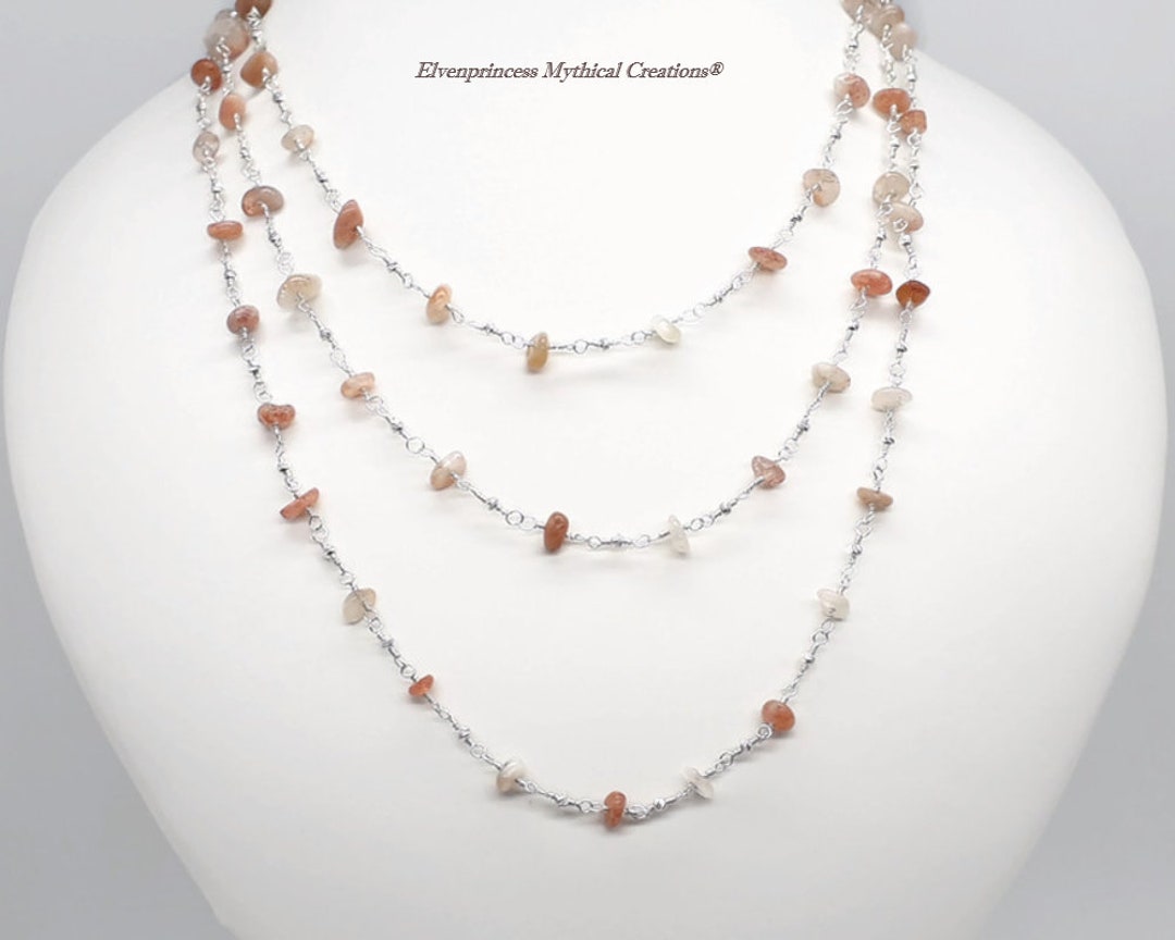 Collar del Rosario sunstone / 925 plata de ley / 56 pulgadas / Boho ...