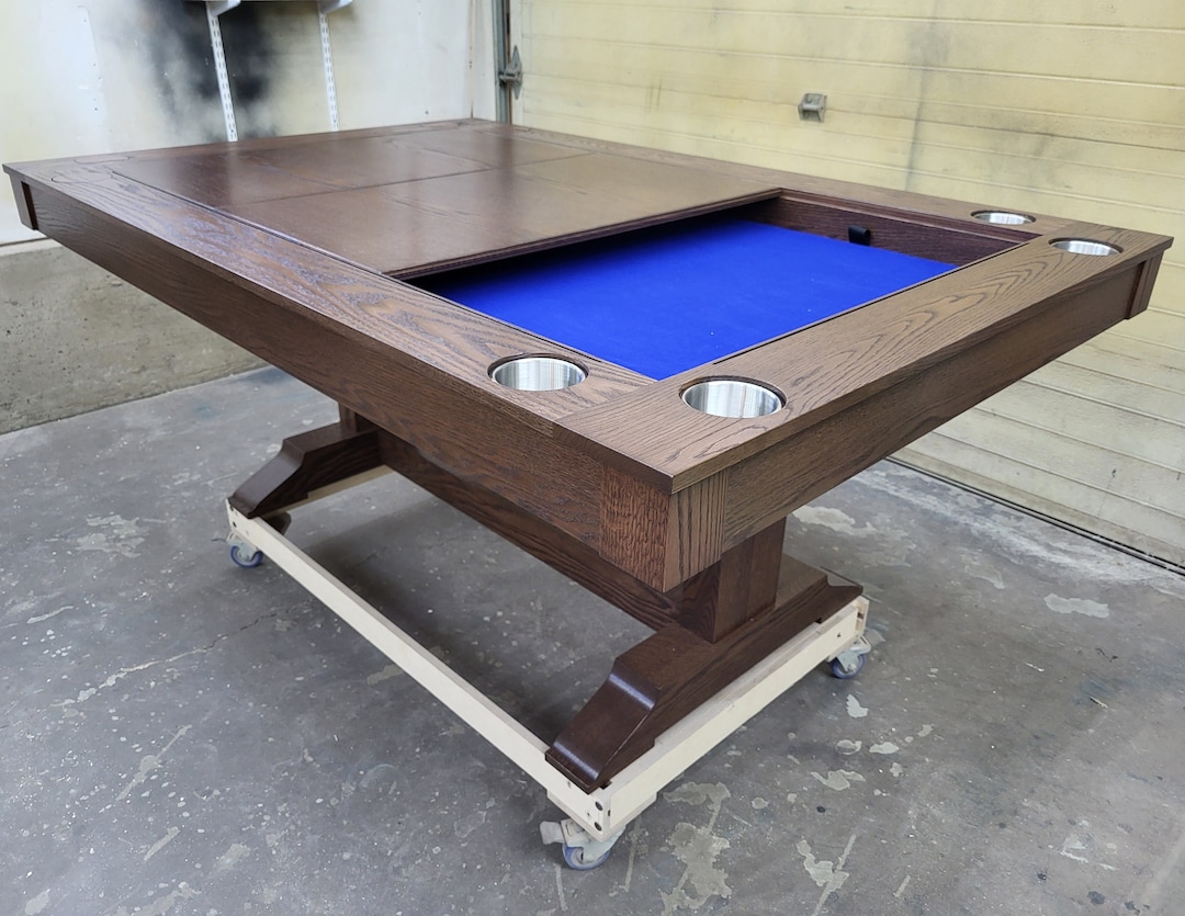 Red Oak Board Game Table With Trestle Base, Card Notch & 3-piece Inset ...