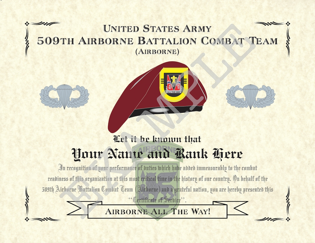 509th Airborne Battalion Combat Team A Certificate 8.5 X 11 Personalized classic Art Style ...