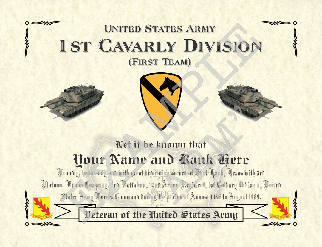 1st Cavalry Division Certificate 8.5 X 11 Personalized scroll Art Style ...