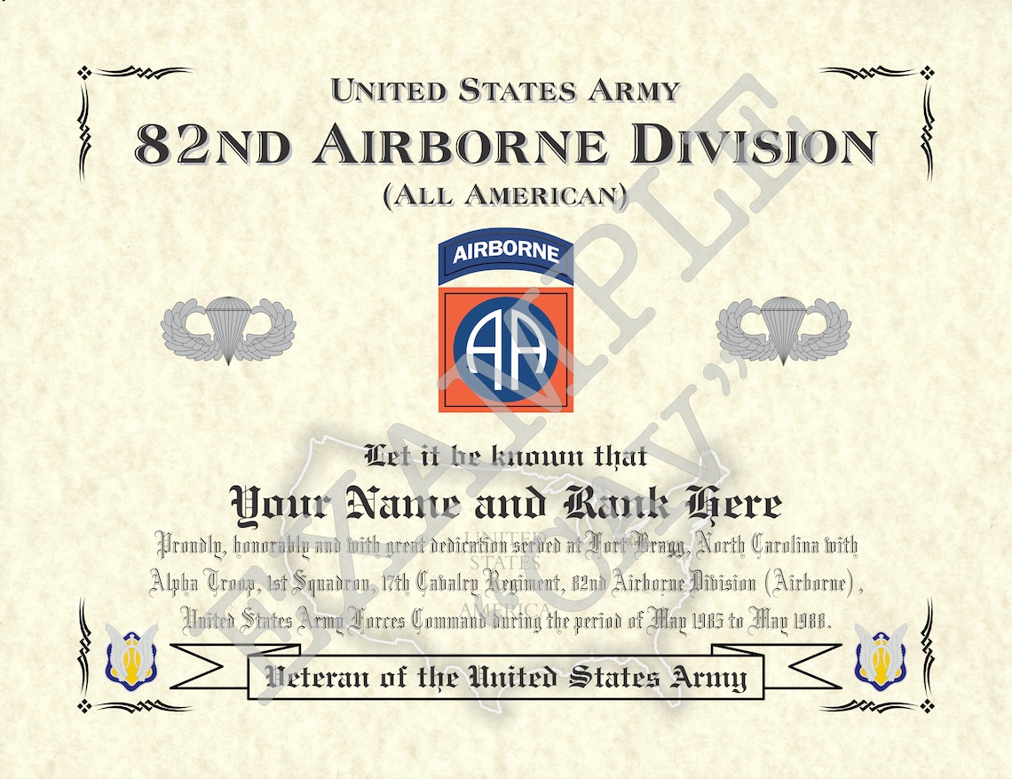 82nd Airborne ABN Division Certificate 8.5 X 11 - Etsy