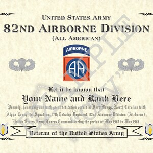 82nd Airborne ABN Division Certificate 8.5 X 11 Personalized scroll Art ...
