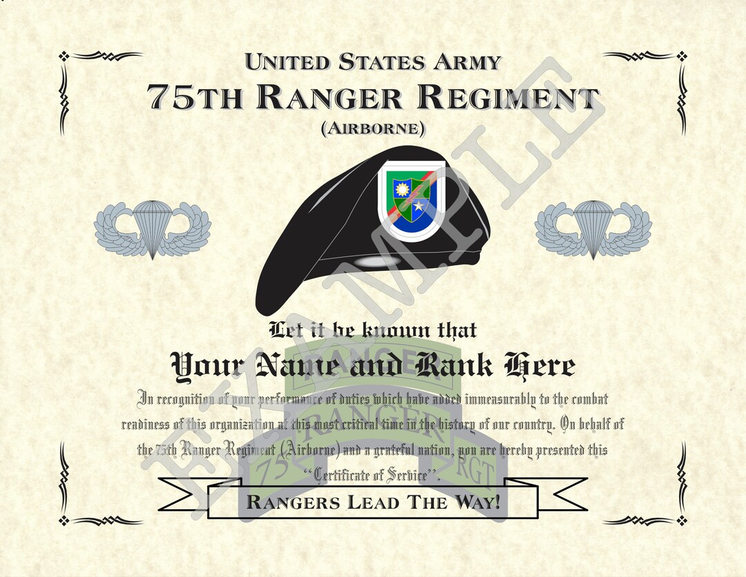 75th Ranger Regiment (ABN) (blk/tab-scroll/badge), 8.5" X 11 ...