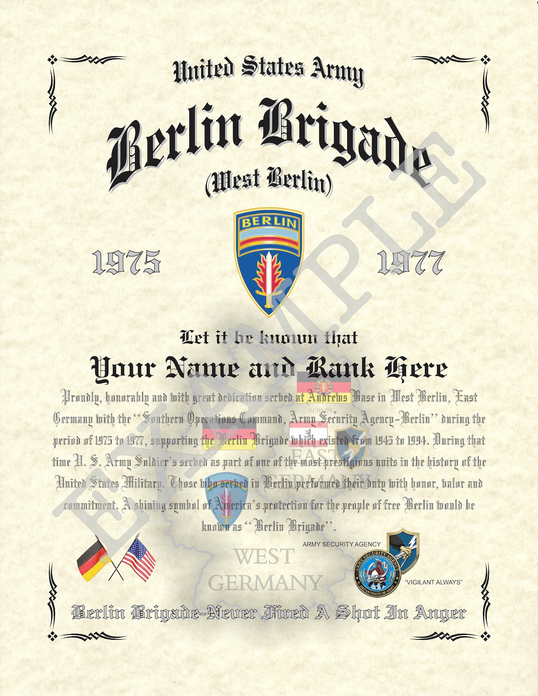 Berlin Brigade Certificate, 8.5" X 11" Personalized "cold War" Art ...