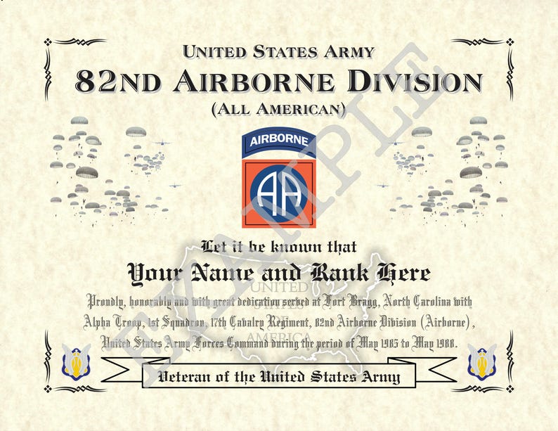 82ND AIRBORNE DIVISION (A/JUMP), Personalized 8.5" X 11" (un-framed ...