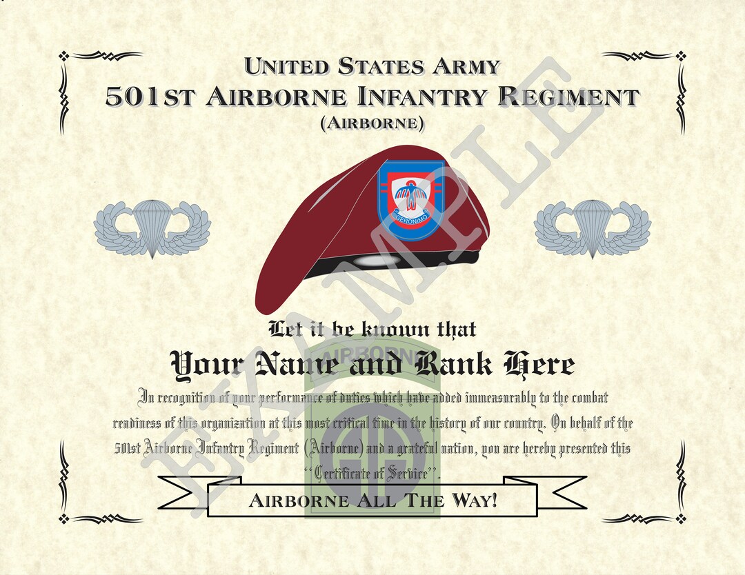 501st Airborne Infantry Regiment (ABN), 8.5" X 11" Personalized "beret ...