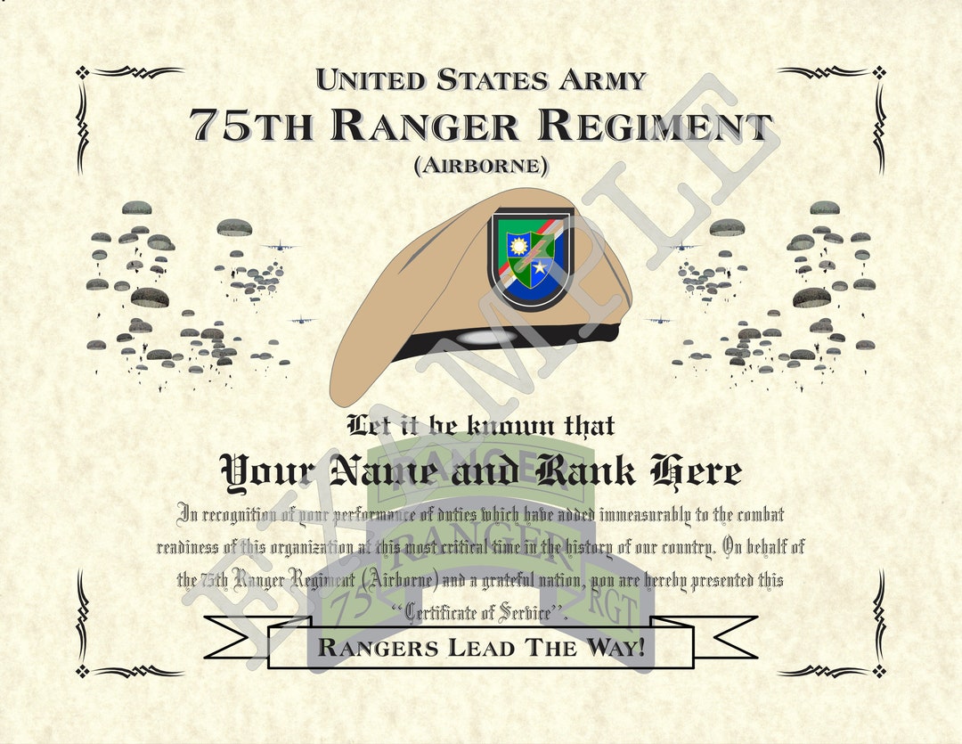 75th Ranger Regiment (ABN) (tan/tab-scroll/jump), 8.5" X 11 ...