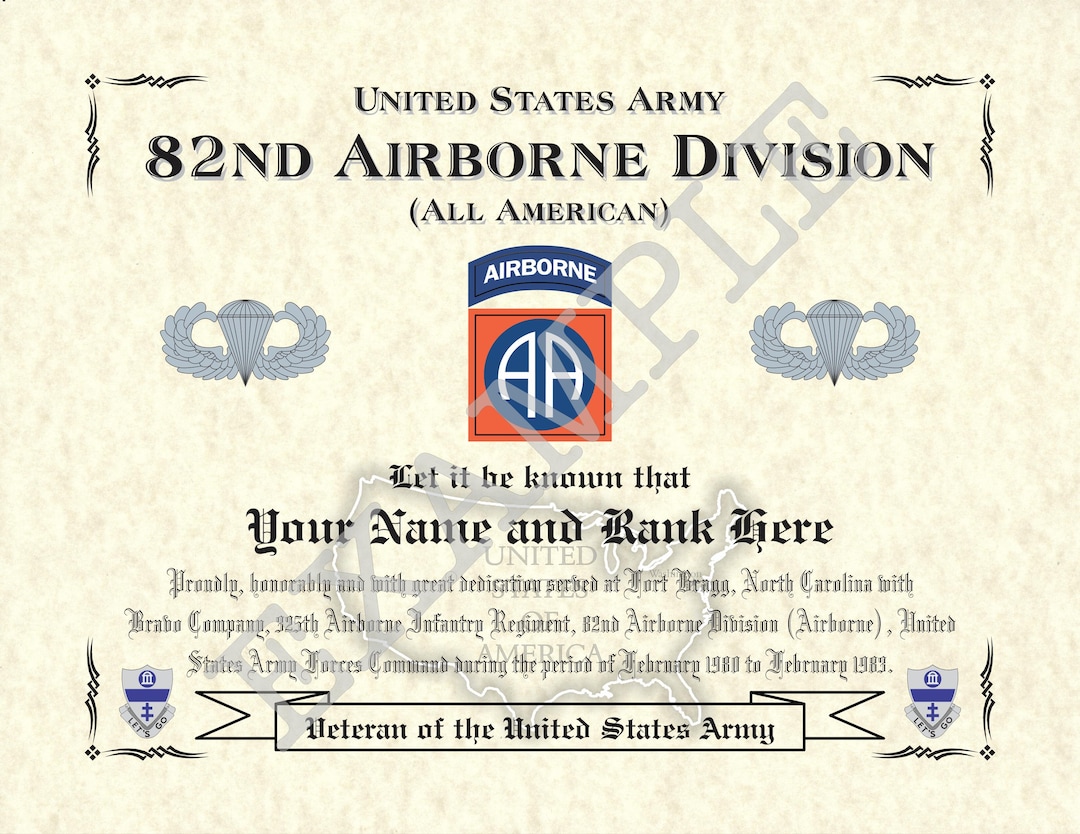 82ND AIRBORNE DIVISION A/BADGE, Personalized 8.5 X 11 un-framed Unit ...
