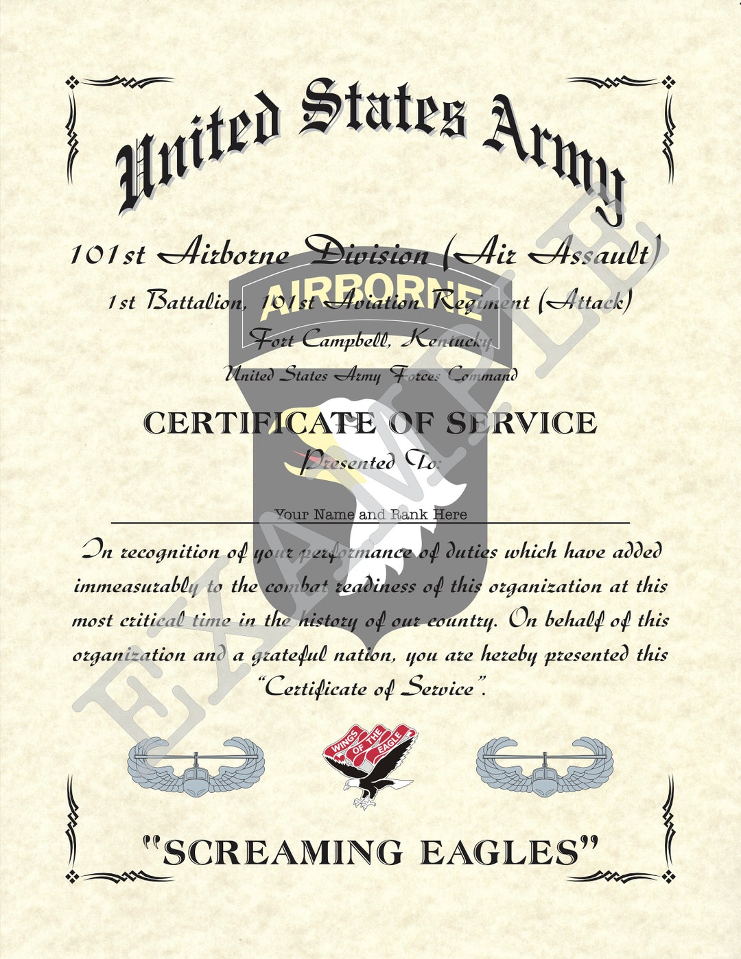 101st Airborne A/AA Division Certificate 8.5 X 11 Personalized Art ...