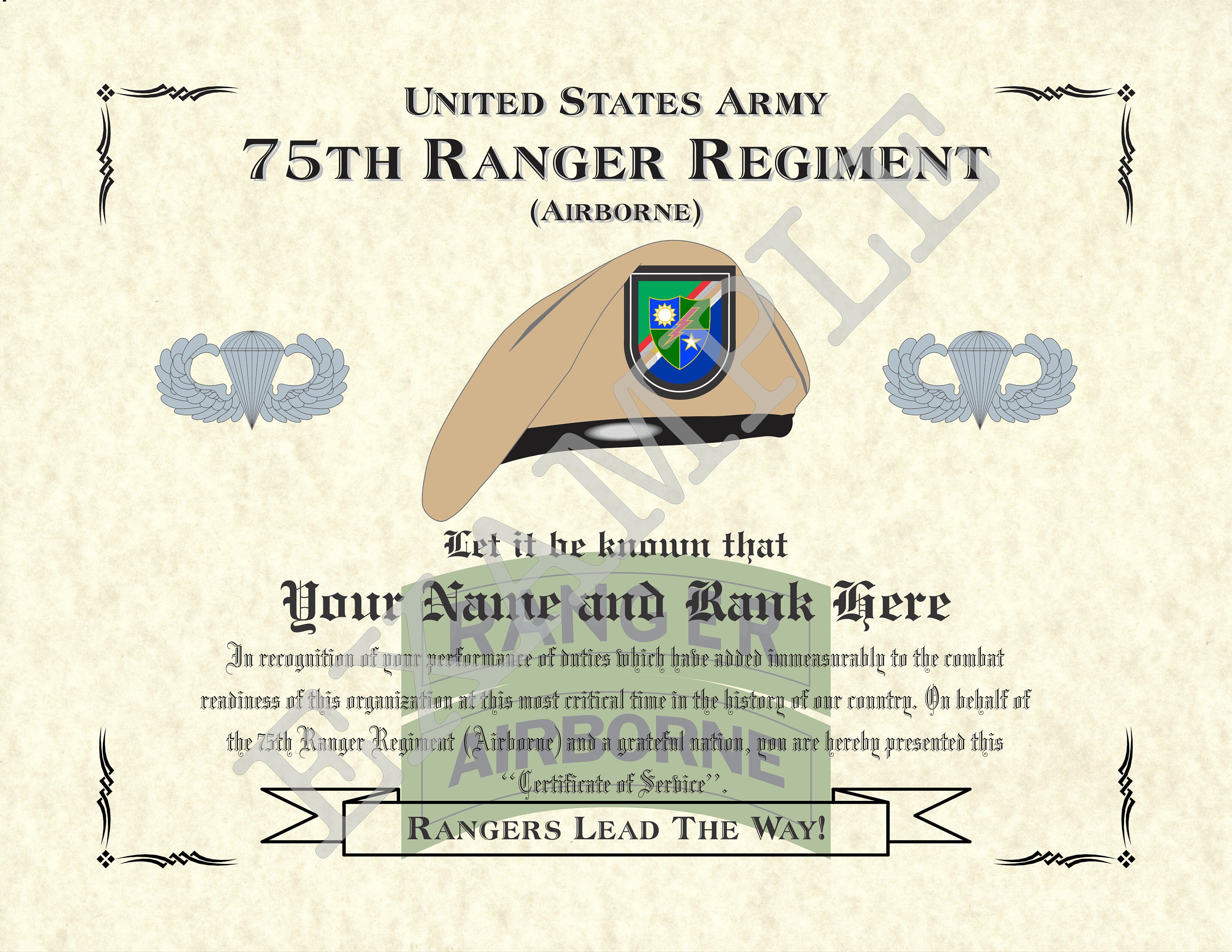 75th Ranger Regiment A tan/tab-tab Certificado 8.5 x - Etsy México