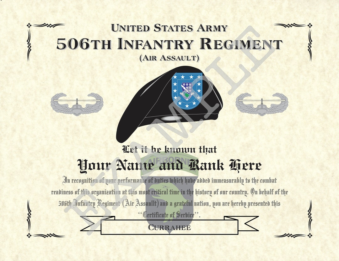 506th Infantry Regiment (AASLT), 8.5" X 11" Personalized "beret" Art ...