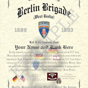Berlin Brigade Certificate, 8.5" X 11" Personalized "cold War" Art ...