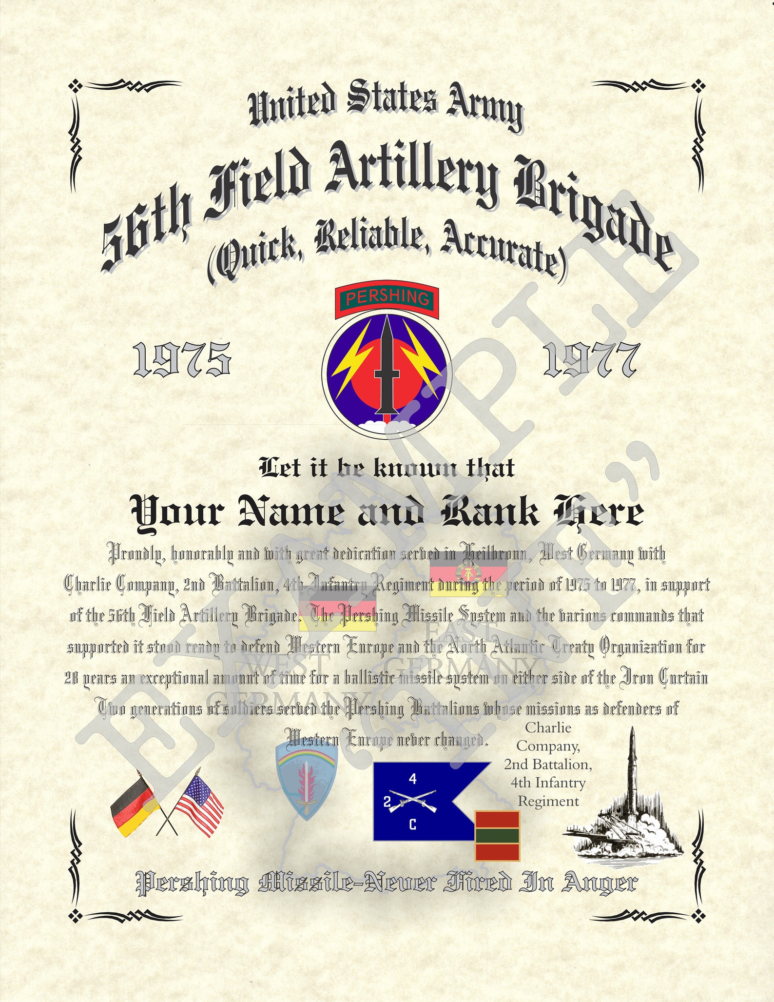 56th Field Artillery Brigade/command (pershing) Certificate 8.5" X 11 ...