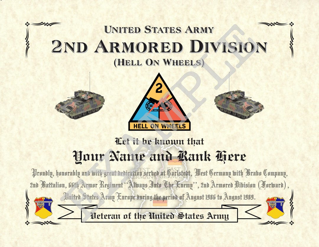2nd Armored Division (F), Personalized 8.5" X 11" (un-framed) Unit Art ...