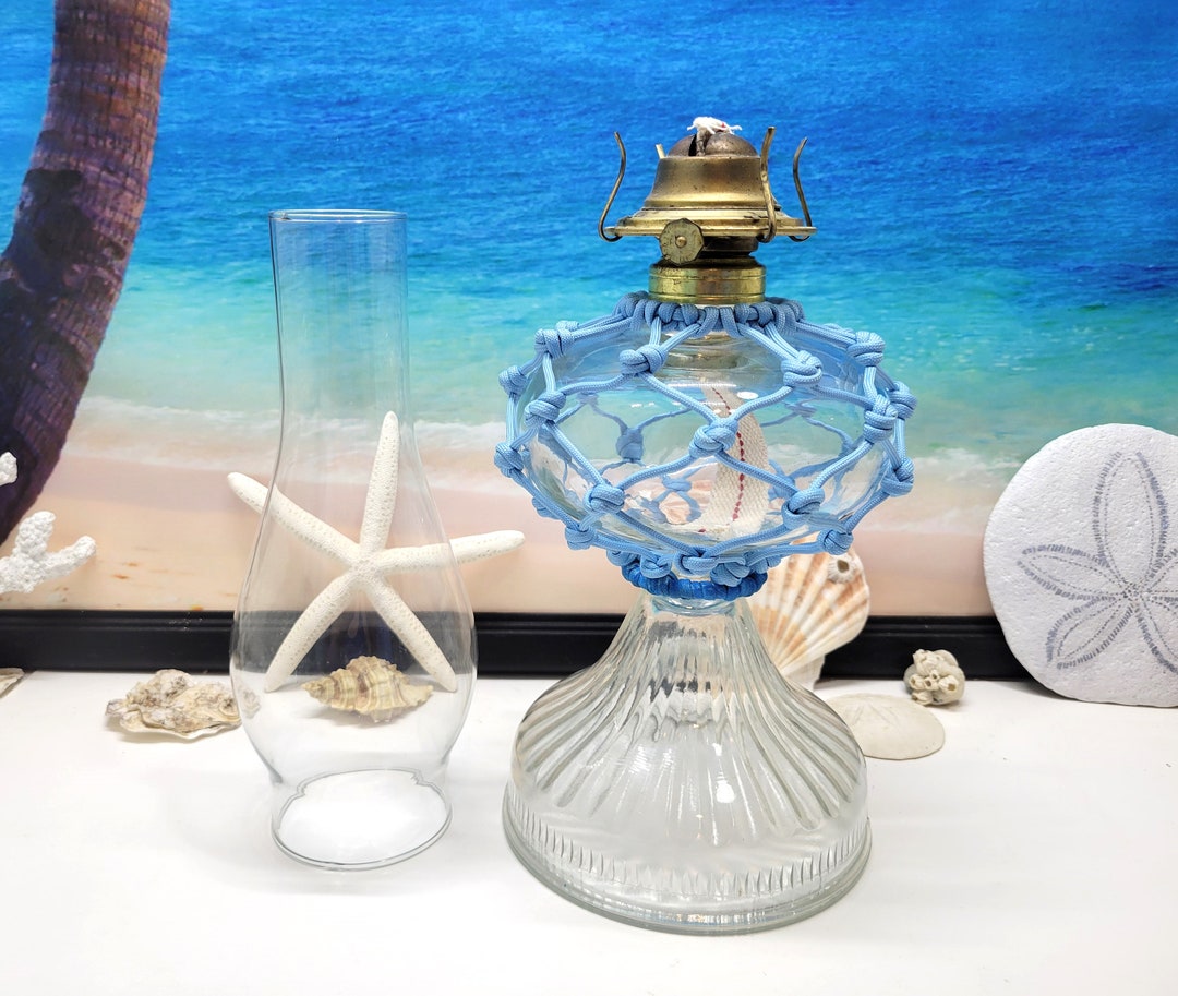 Nautical Updated Antique Kerosene Oil Lamp With Light Blue Hand Knotted ...