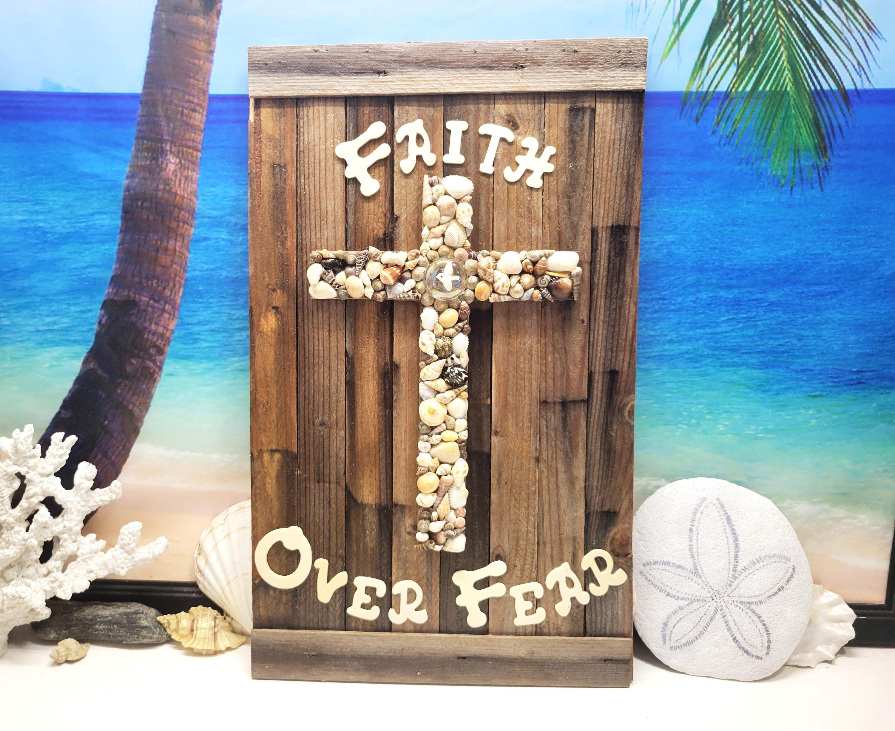 Faith Over Fear Natural Seashell Cross With Holy Spirit Dove on ...