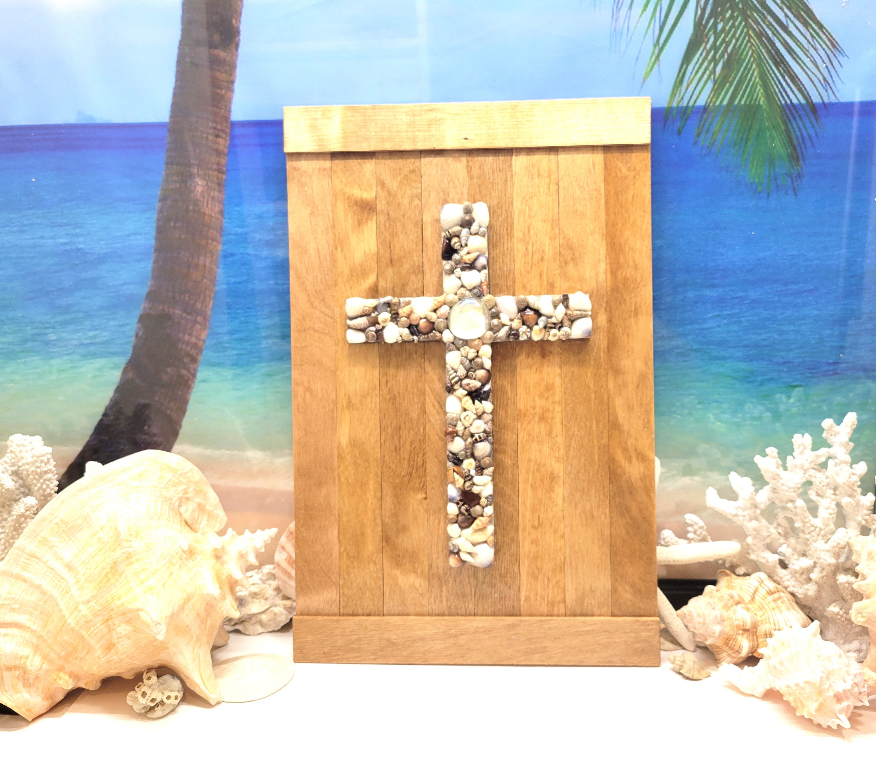 Large Natural Sea Shell Cross on Stained and Sealed Wood - Etsy