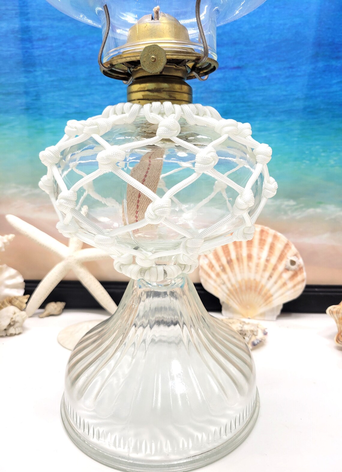 Nautical Updated Antique Kerosene Oil Lamp With White Hand Knotted Fish ...