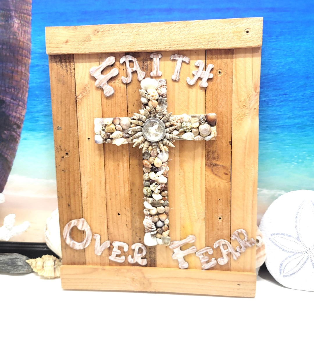 Faith Over Fear Natural Seashell Cross With Holy Spirit Dove on ...