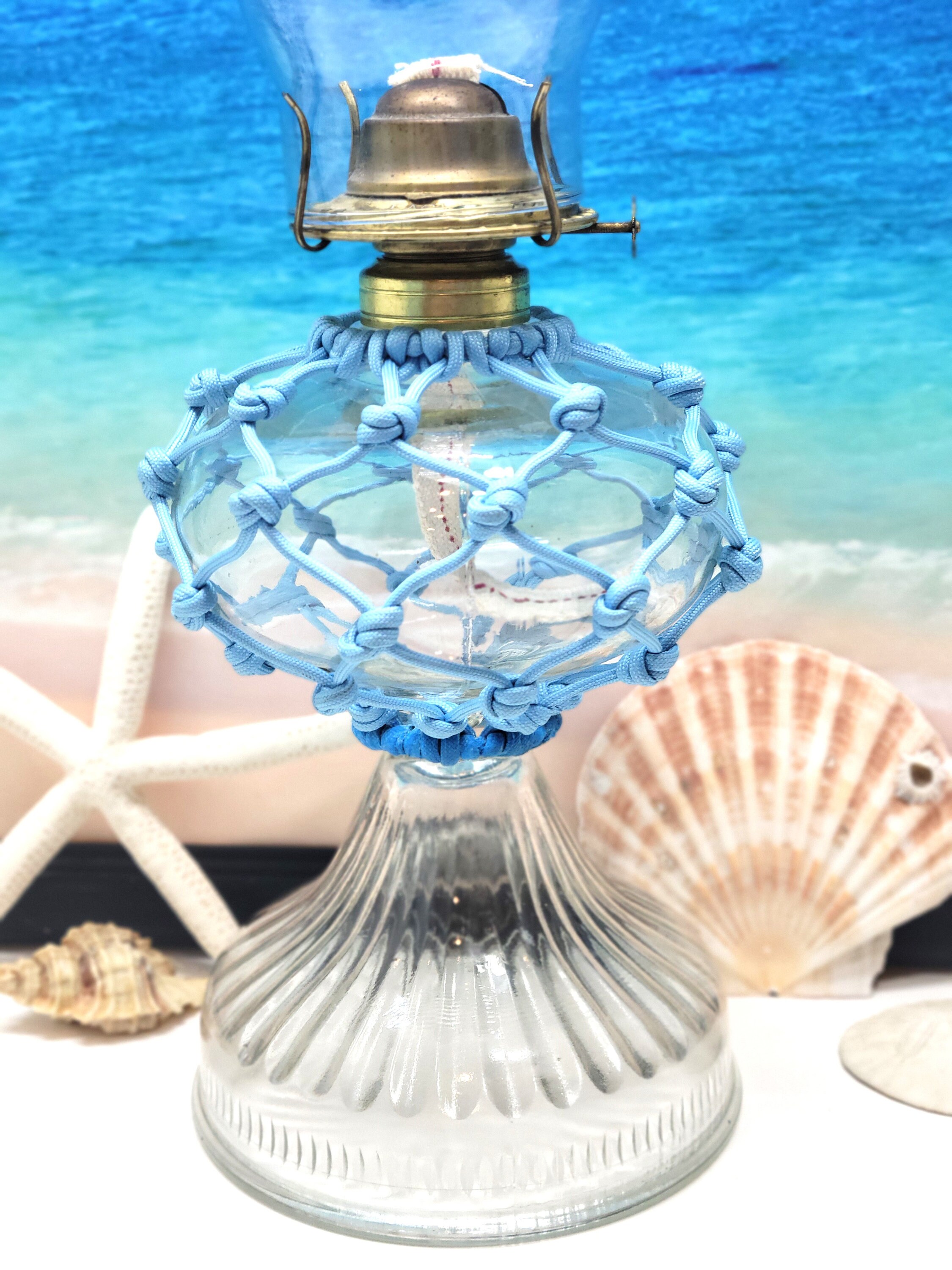 Nautical Updated Antique Kerosene Oil Lamp With Light Blue Hand Knotted ...