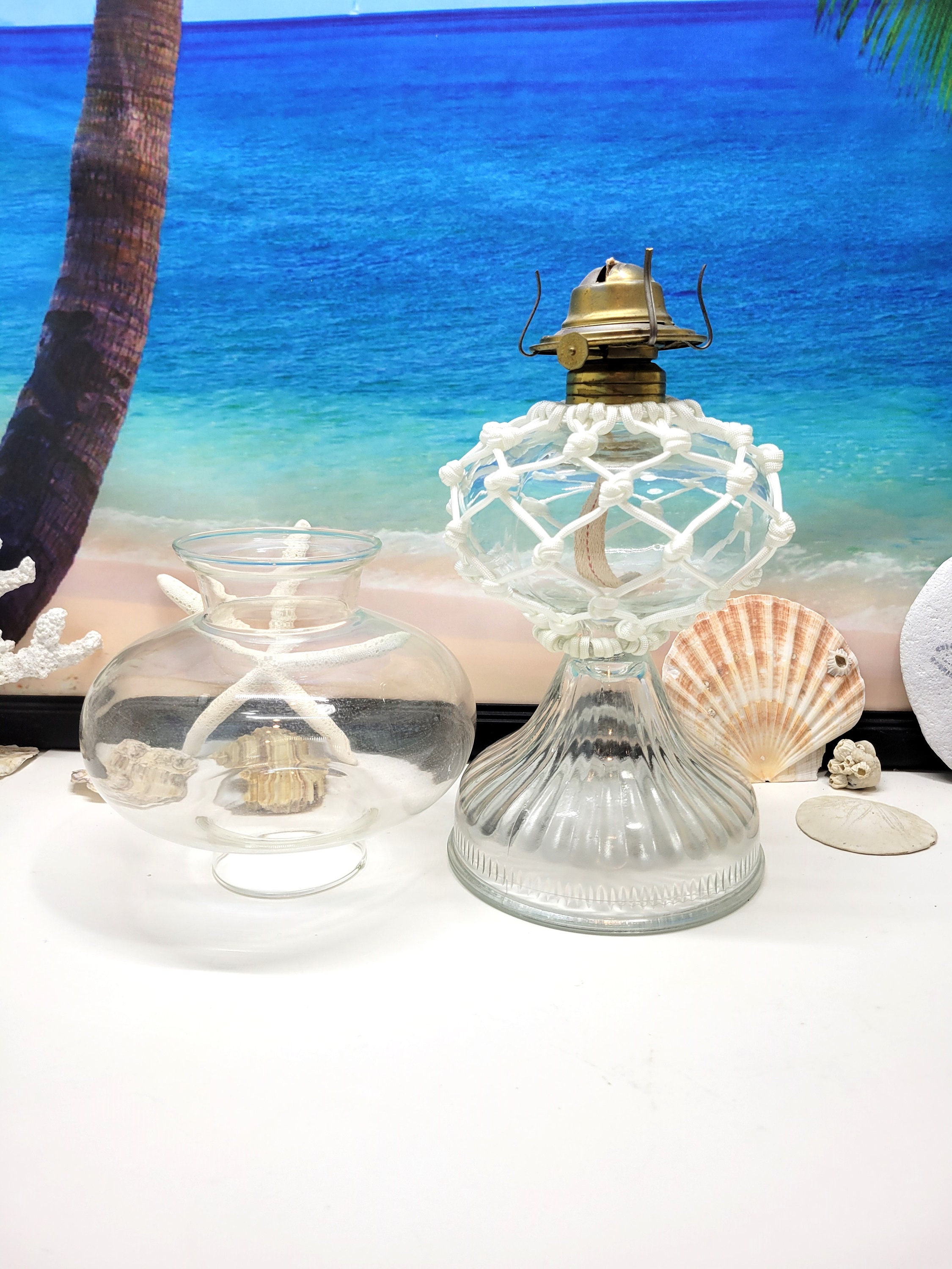 Nautical Updated Antique Kerosene Oil Lamp With White Hand Knotted Fish ...