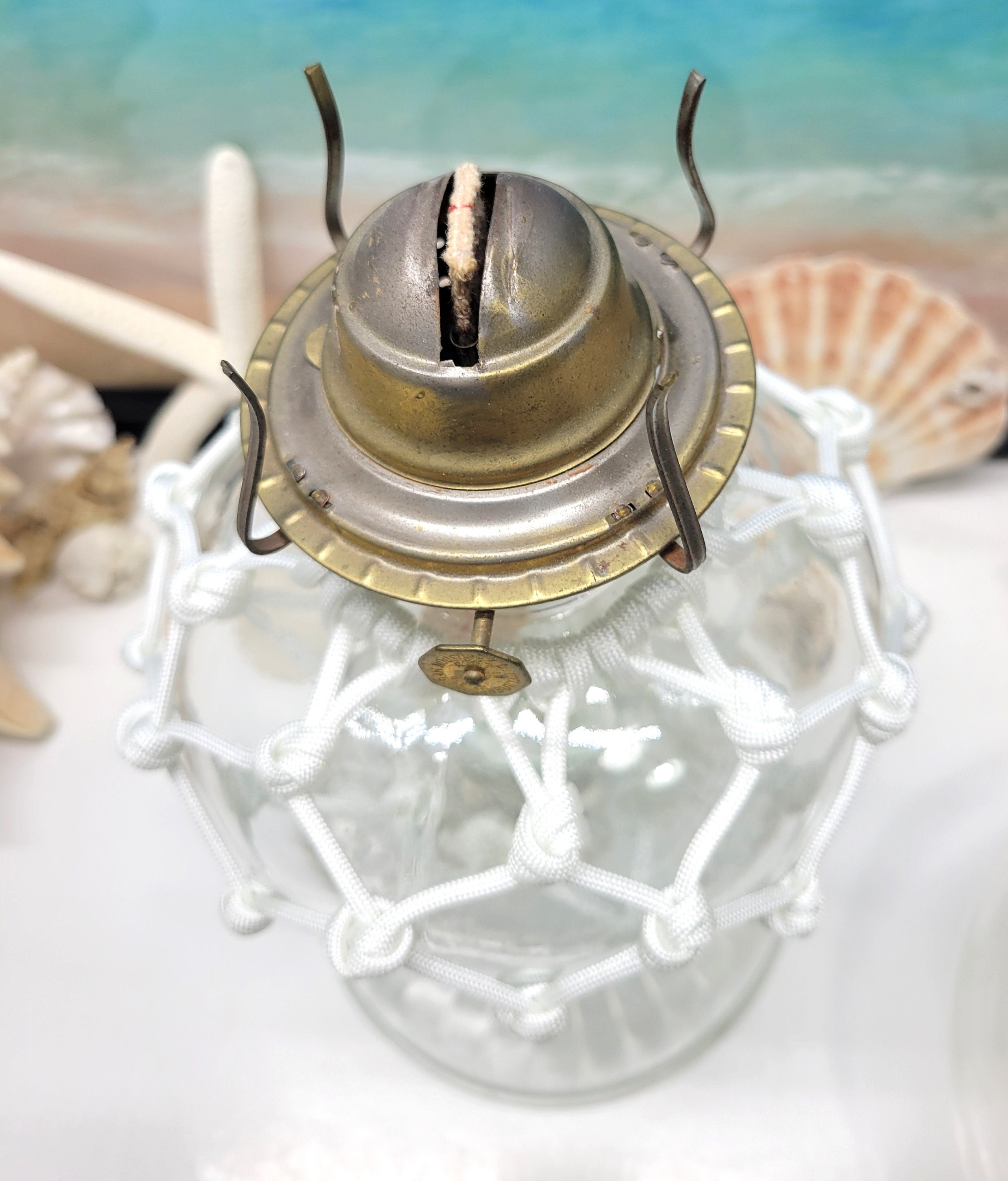 Nautical Updated Antique Kerosene Oil Lamp With White Hand Knotted Fish ...