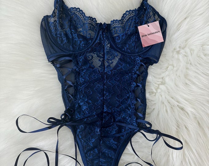 Floral Navy Stretch Lace Teddy Bodysuit, Something Blue, Gift for Bride ...
