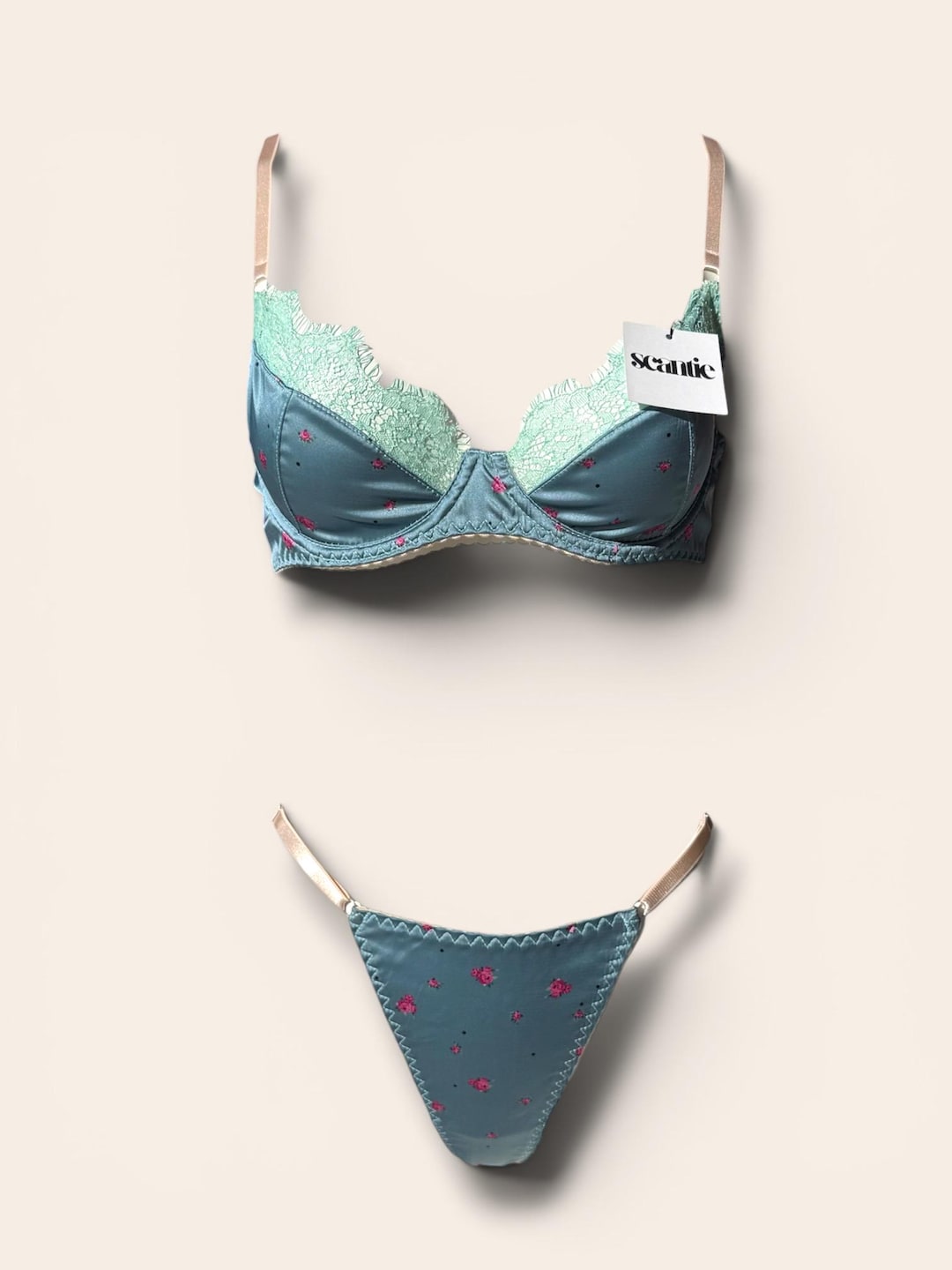 Seafoam Bloom Satin Bra & Thong Set, Lingerie Set, Gift for Her - Etsy